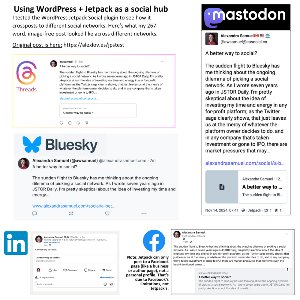 What Jetpack social posts look like across platforms - Alexandra Samuel